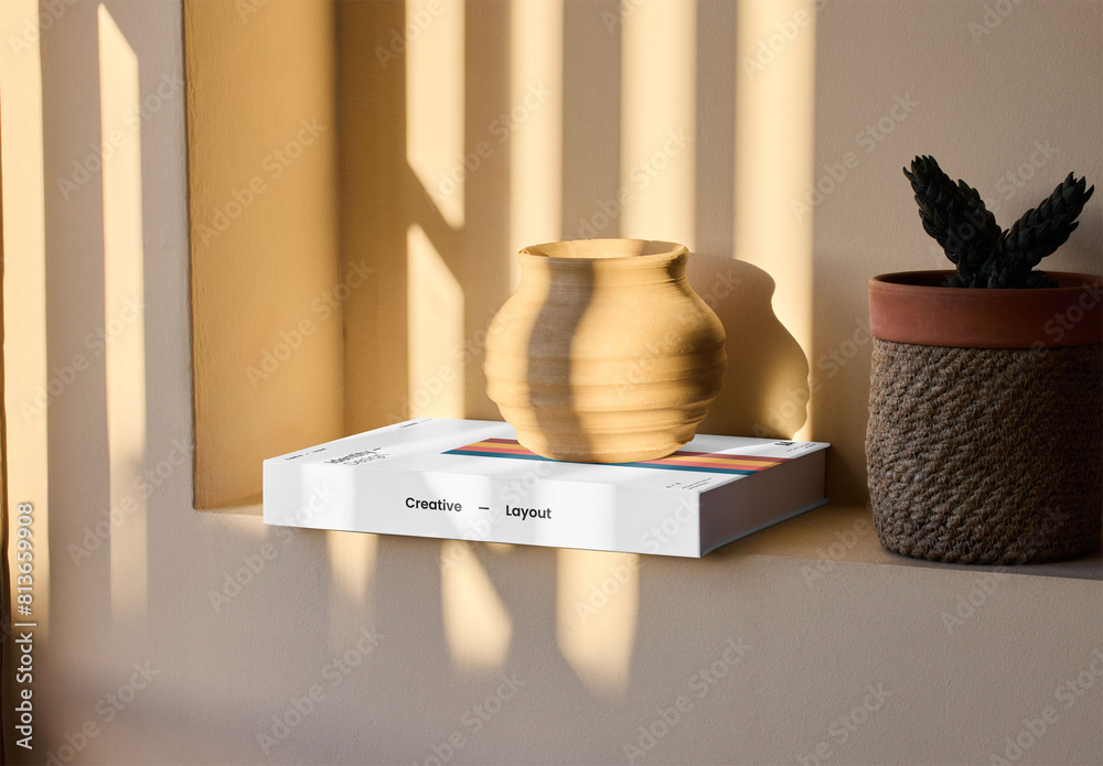 Mockup of customizable book lying on shelf with decorative pot Stock ...