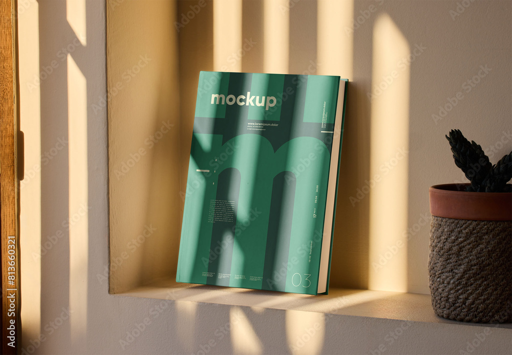 Mockup of customizable book on shelf propped up Stock Template | Adobe ...