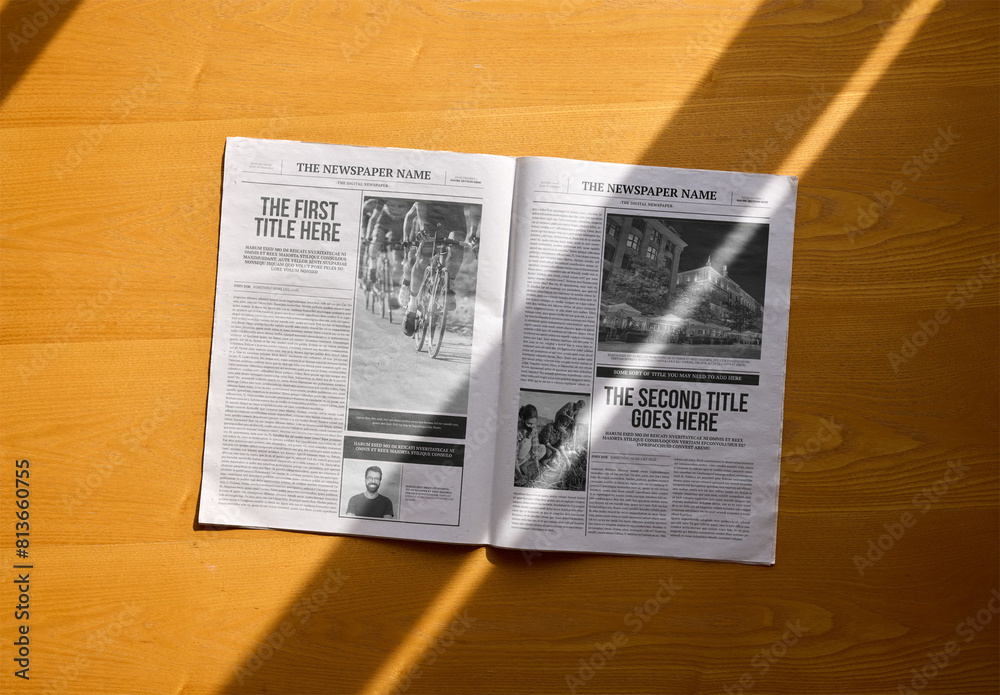 Mockup of customizable open newspaper Stock Template | Adobe Stock