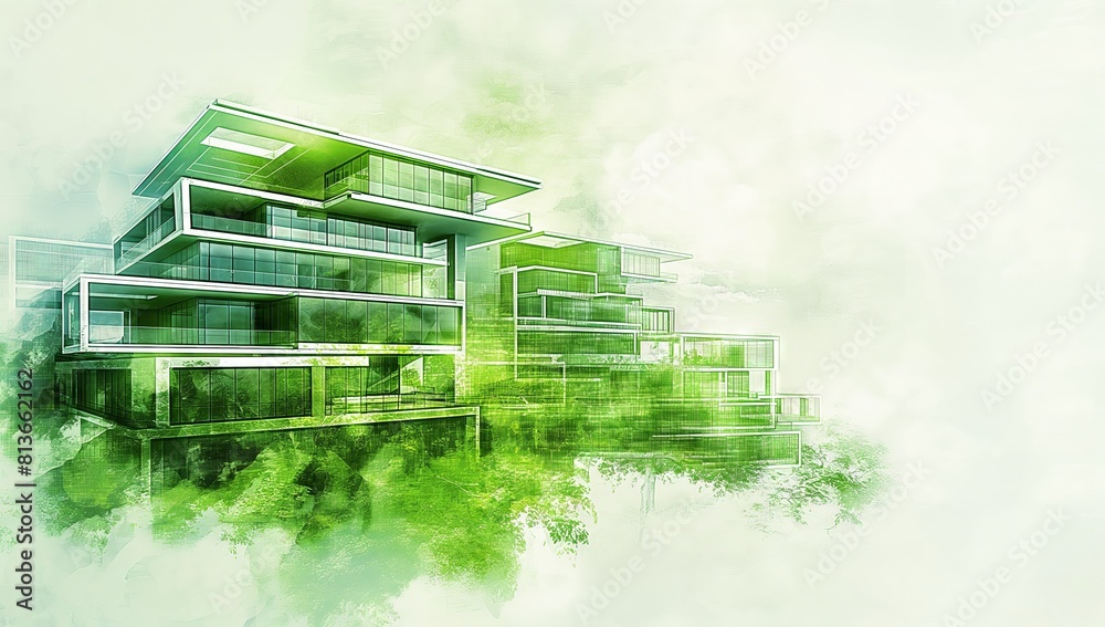 Green blueprint fusion: sustainable architecture concept with modern ...