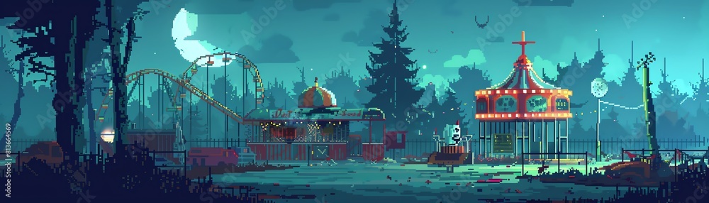 Create a pixel art image of an abandoned amusement park at night. Make ...