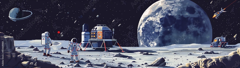 Astronauts on the moon with a lunar module and moon rover. The moon's ...