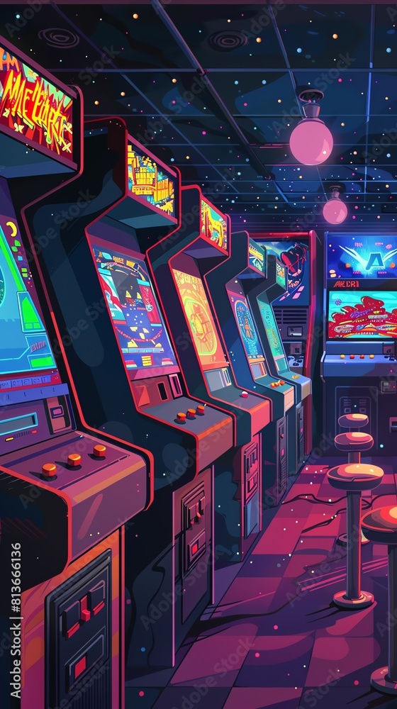 Create an 80s retro arcade game room. Make it colorful and vibrant ...