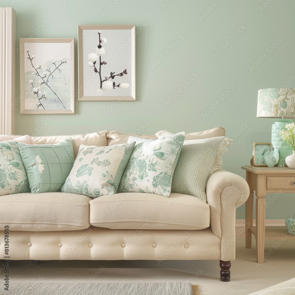 Fresh Living Room with Mint Green Sofa, Modern Coastal Style, Bright ...