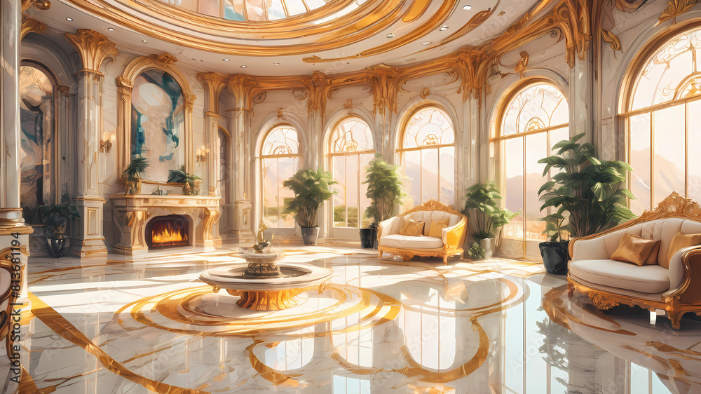 interior de una mansion futurista minal lujosa, marmol, color dorado ...
