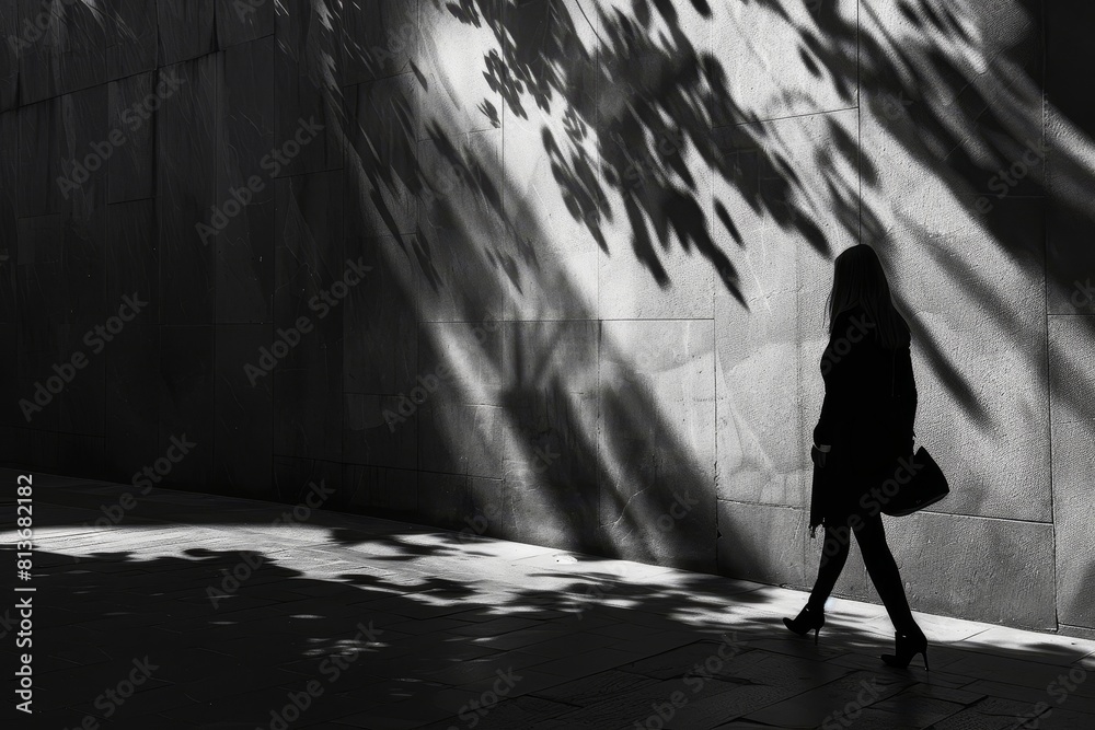 Silhouette in Shadows: Solitary Figure Walking Beside Textured Wall ...