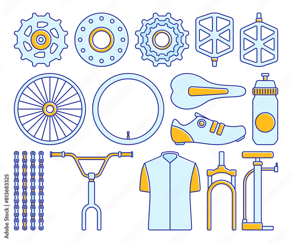 Detailed illustration of various bicycle parts including wheels, pedals ...