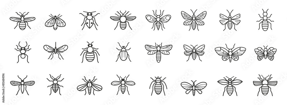 Set of simple insect line icons. Bee mosquito fly beetle. Flying ...