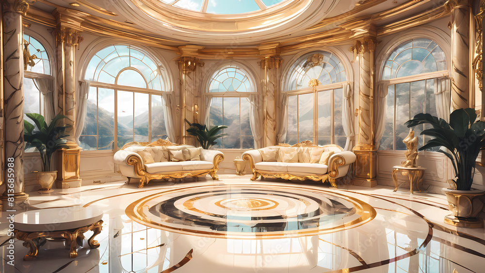 interior de una mansion futurista minal lujosa, marmol, color dorado ...