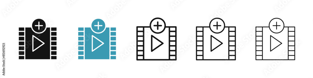 Add Video icon set. add clip button. upload new video button. create new video plus button icon ...