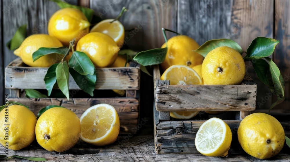 Vibrant lemons in crates on farmhouse table in warehouse under soft ...
