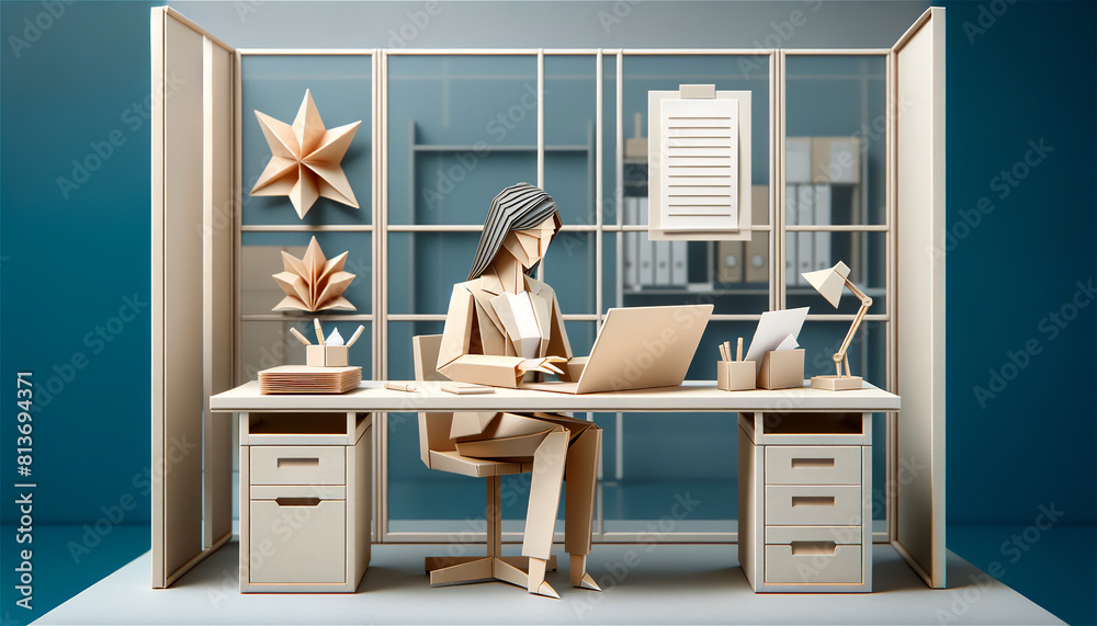 Professional Woman in Origami-Style Office Workspace: Artistic Paper ...