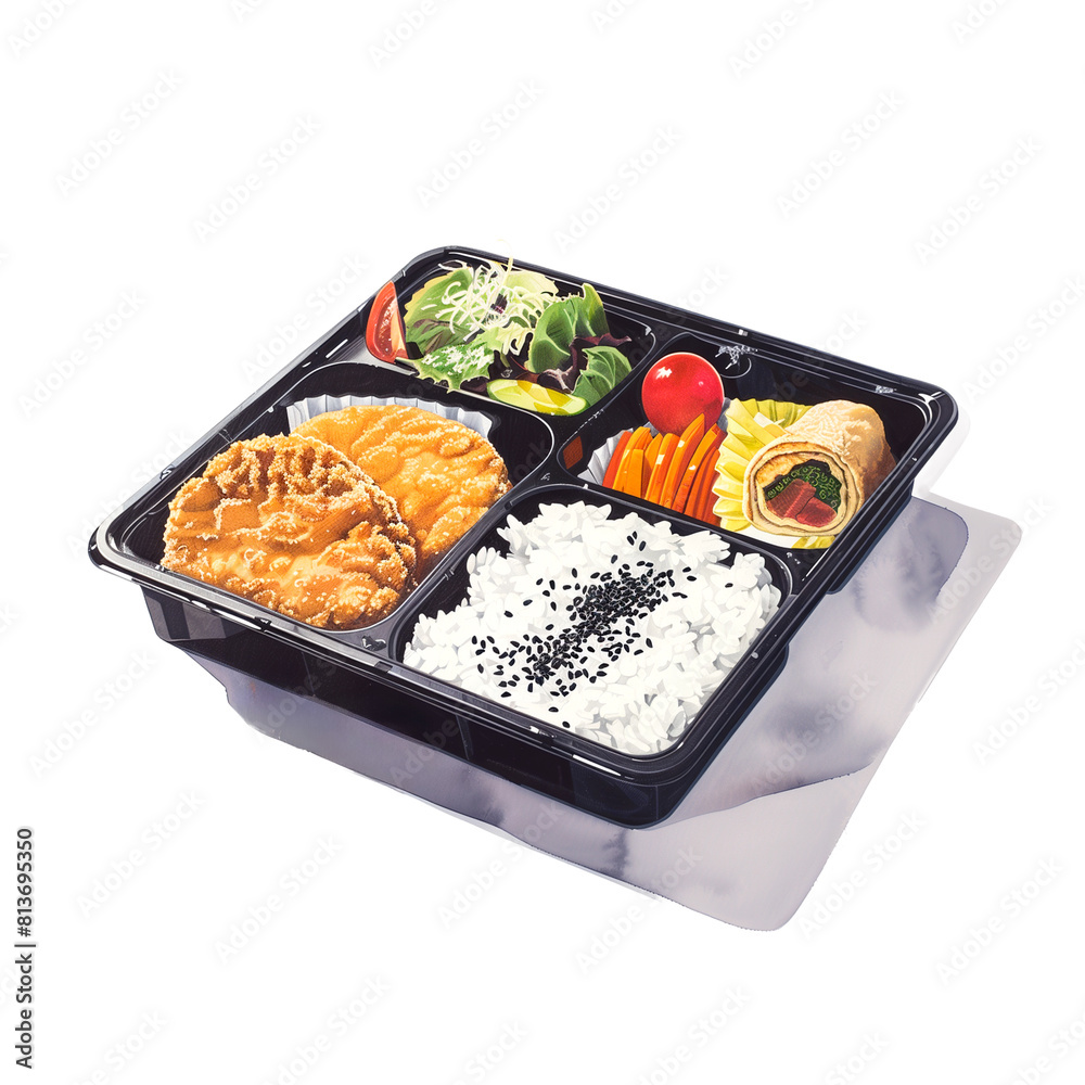 Watercolor illustration of a convenience store lunch box with crispy ...