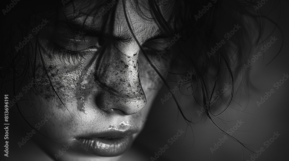 Person expressing sadness face blurred soft white background extensive ...