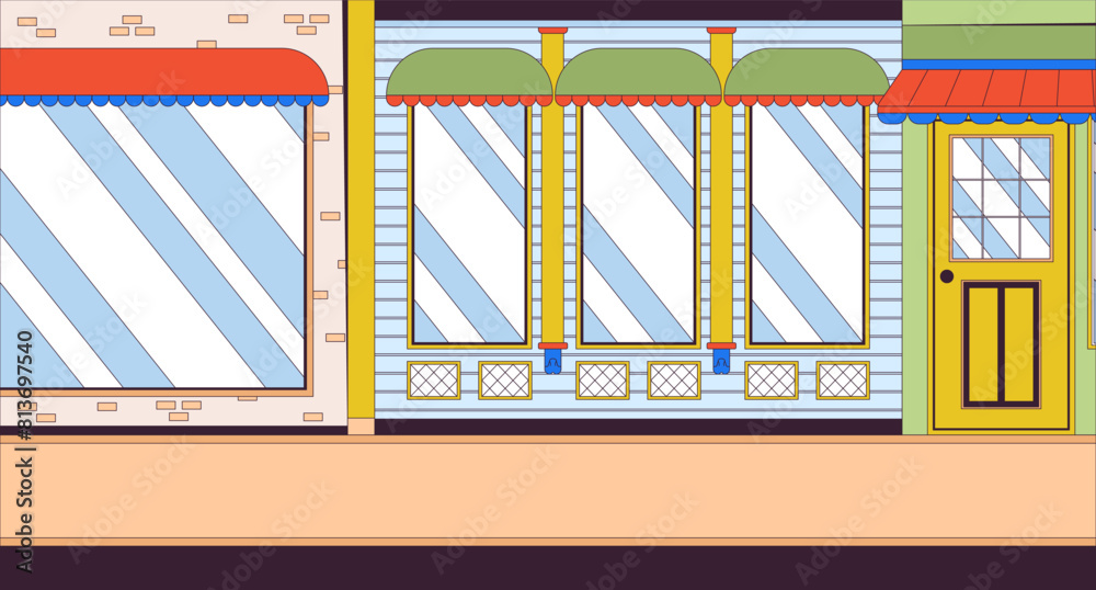 City street with store cartoon flat illustration. Buildings facades ...