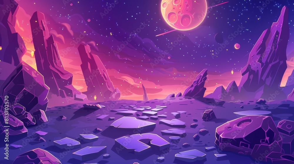 Cartoon fantasy illustration of purple galaxy sky with moon and ground ...