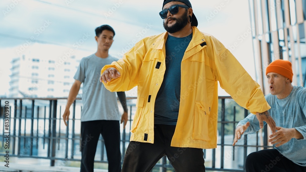 Hip hop team dance break dance while multicultural friend surrounded ...