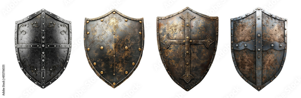 four realistic medieval metal shields different patterns cutout ...