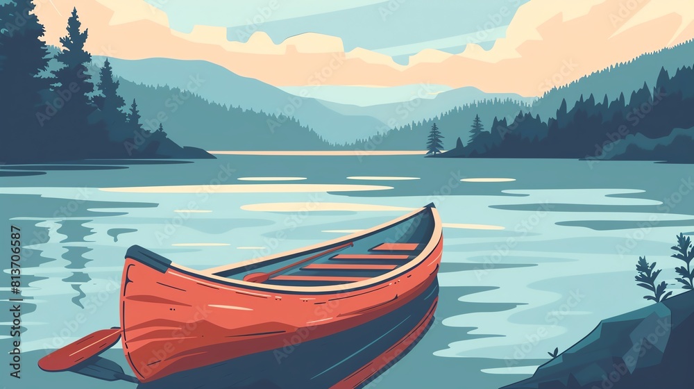 Canoe on river flat design front view, outdoor theme, cartoon drawing ...