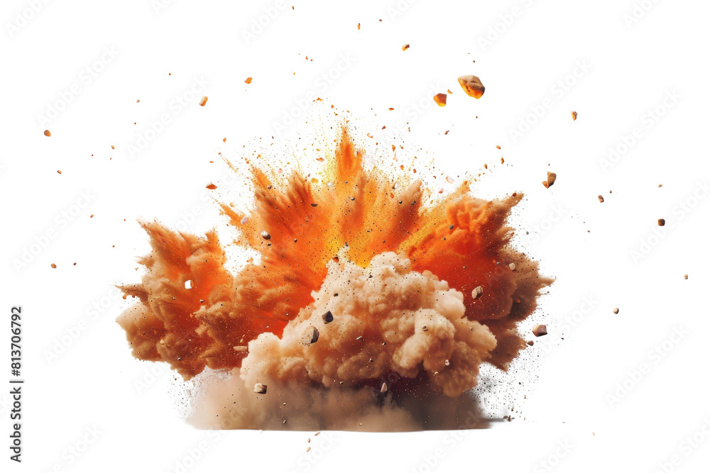 A large explosion is depicted in the image, with a cloud of dust and ...