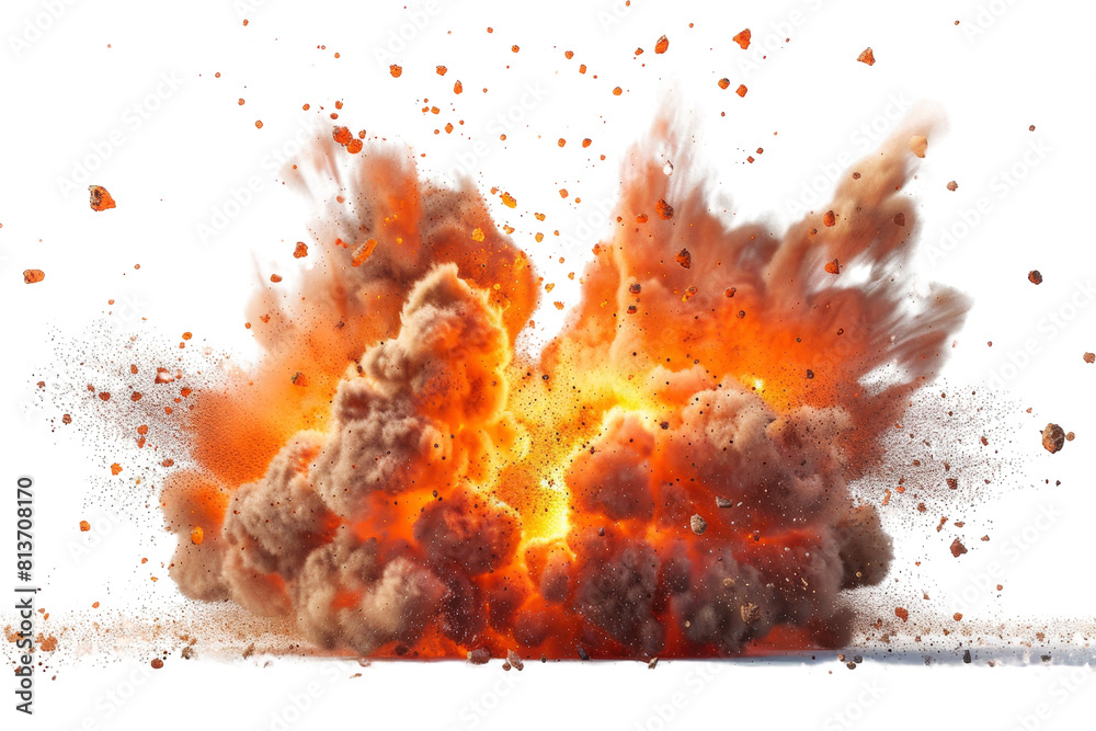 A large explosion is depicted in the image, with a lot of debris and ...