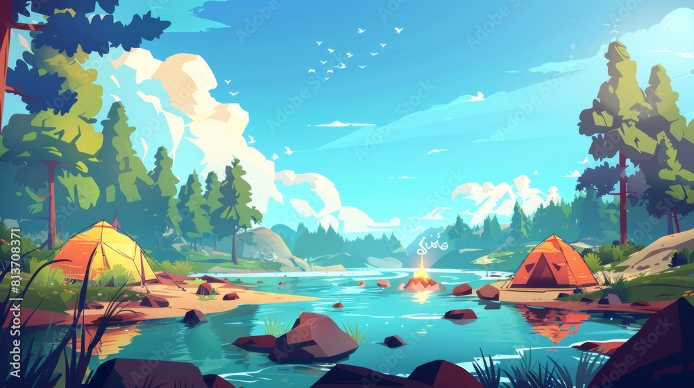 An illustration depicting a nature park summer camp with a cartoon ...