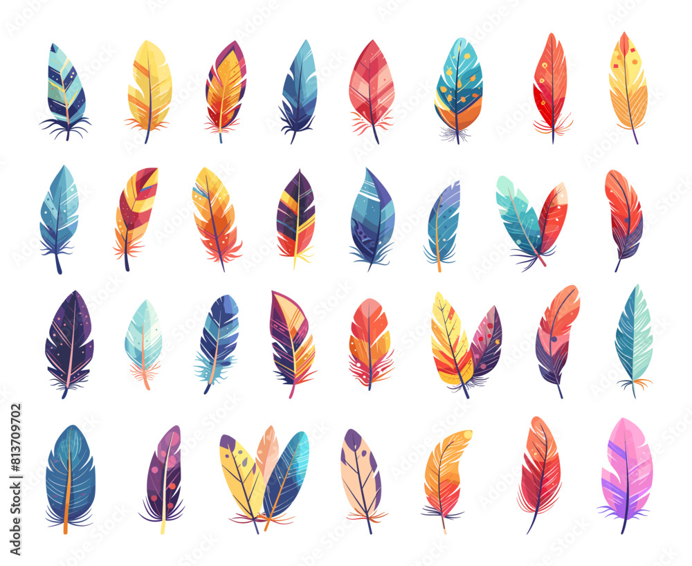 Cartoon Feathers with Bright Textures. Isolated Vector Set in Simple ...