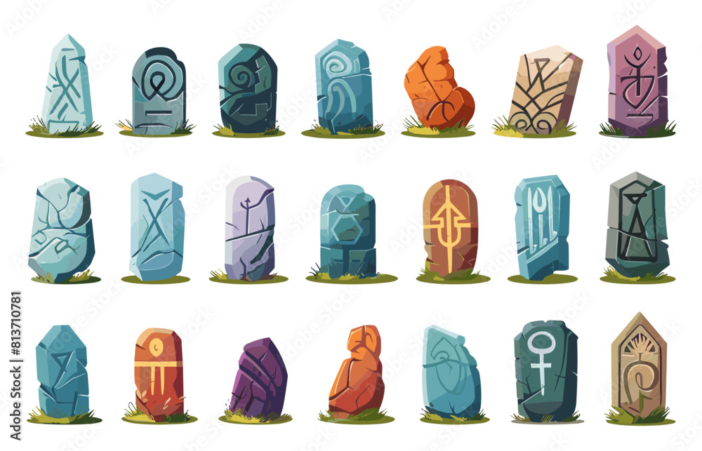 Cartoon Rune Stones with Magical Symbols Scratched into Stone Surface ...