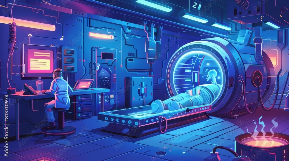 Cartoon of alien in cryonics capsule. Scientist writing notes in a lab ...