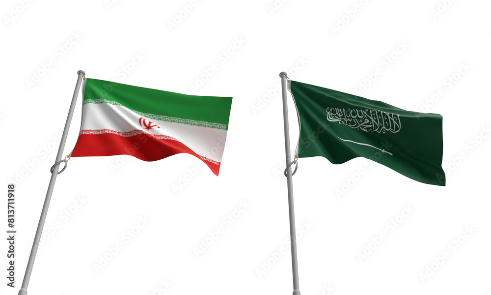 iran israel saudi arabia flag waving top view white isolate background ...