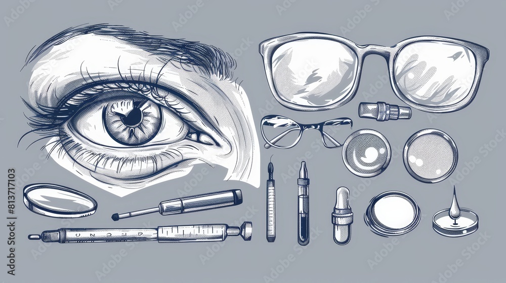 A sketch icon of an eye, an optometry chart, glasses and contact lenses ...