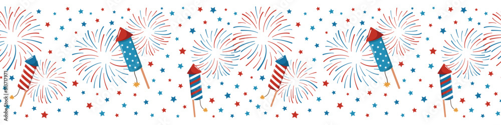 Patriotic Fireworks and Stars Seamless Border Pattern. 4th of July ...