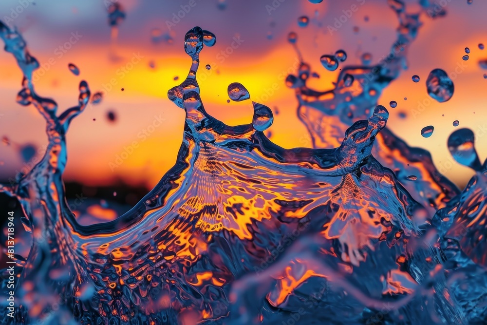 dynamic water spurter frozen in mid-air against a vivid sunset sky. The ...