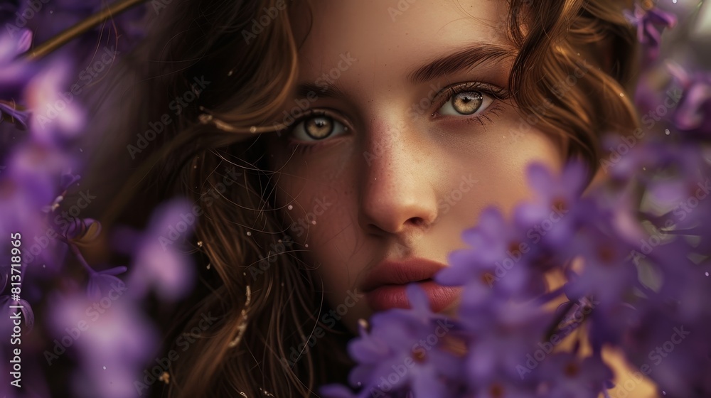 Beautiful girl with a cascade of chestnut curls, standing among the ...