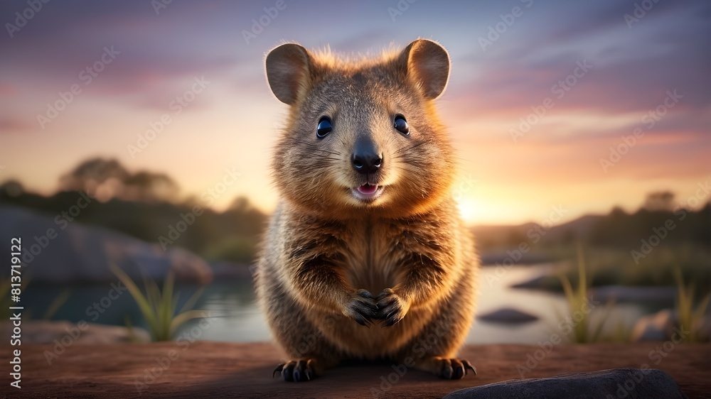 At dusk, an adorable quokka with a smile on its face looks at the ...