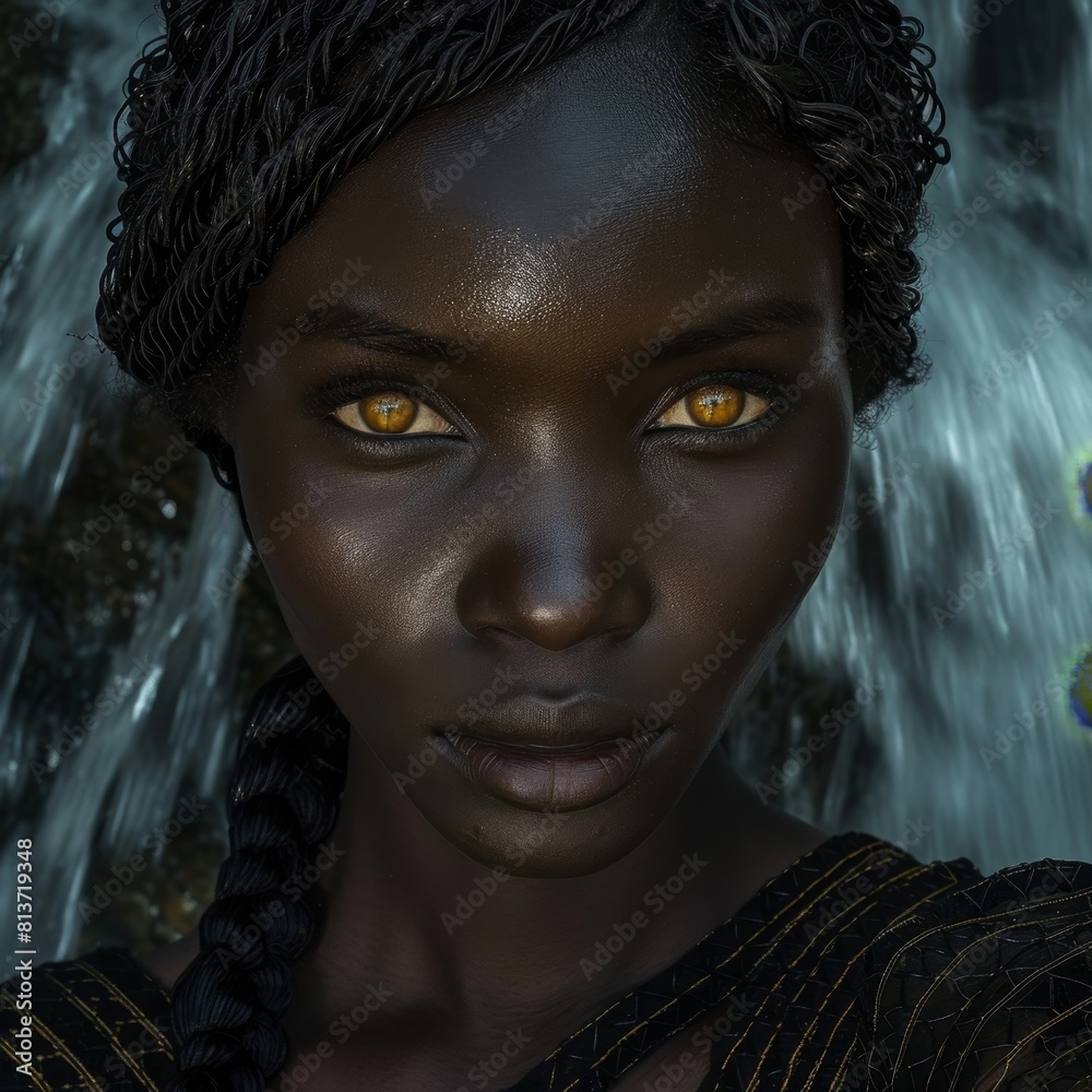 Angolan girl with ebony skin, almond-shaped amber eyes, and braided ...