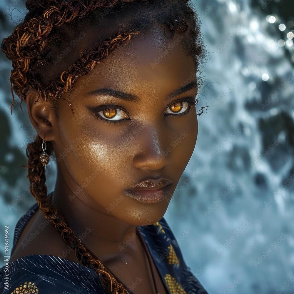 Angolan girl with ebony skin, almond-shaped amber eyes, and braided ...