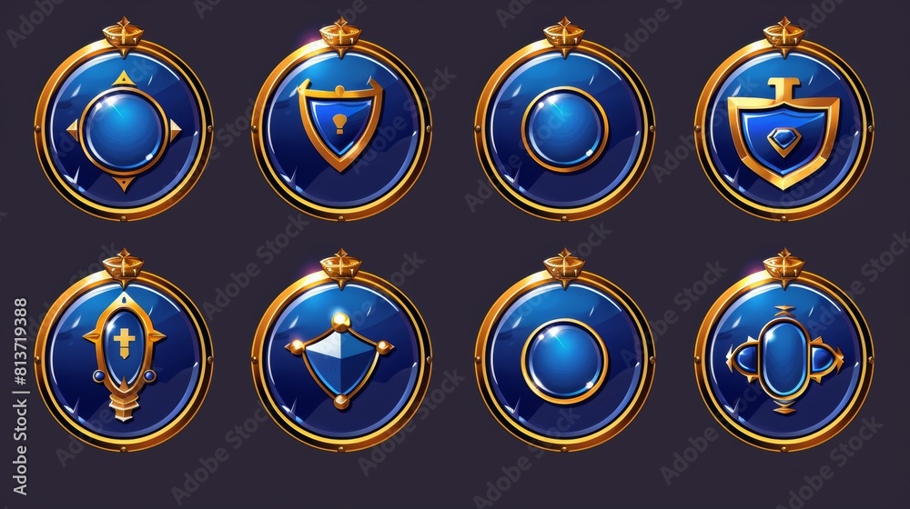 Cartoon set of round icons with gold border in medieval style, circle ...