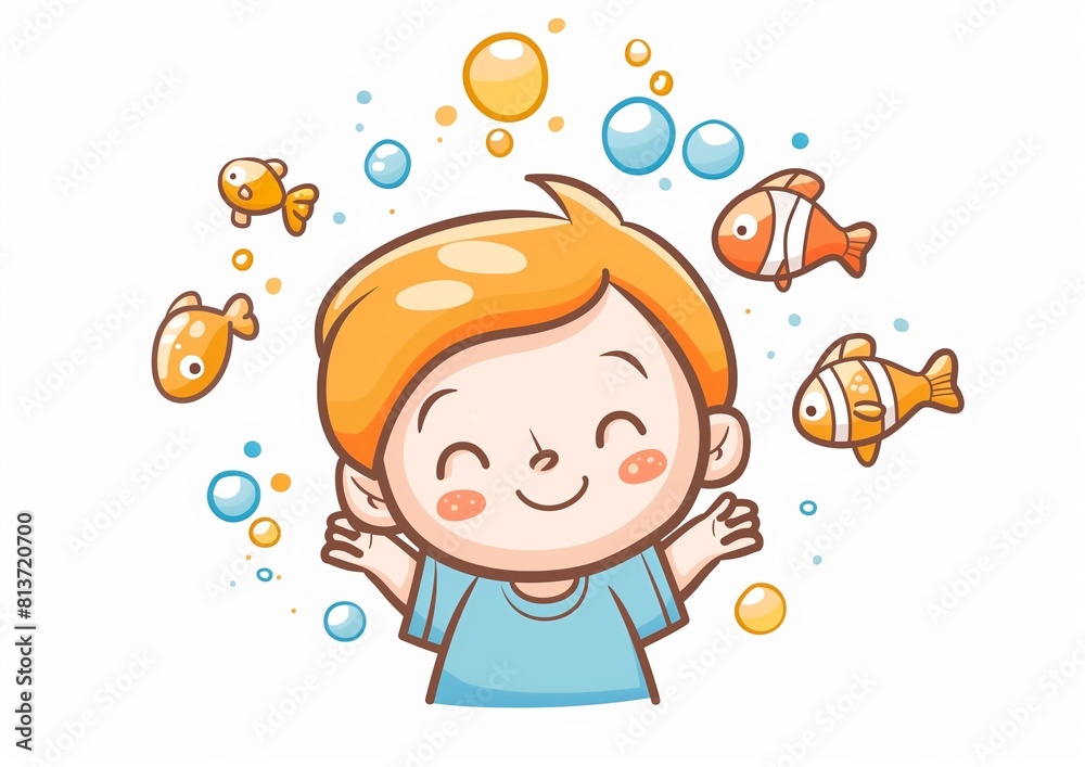 Happy Cartoon Child Imagining Underwater Life with Fish and Bubbles ...