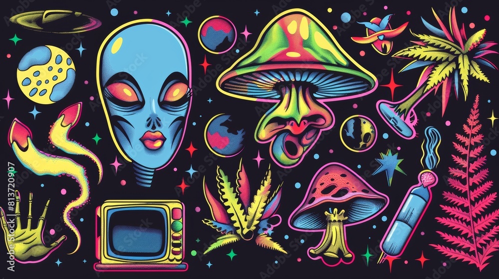 An acid sticker with aliens, mushrooms, and TV design from the 60s and ...
