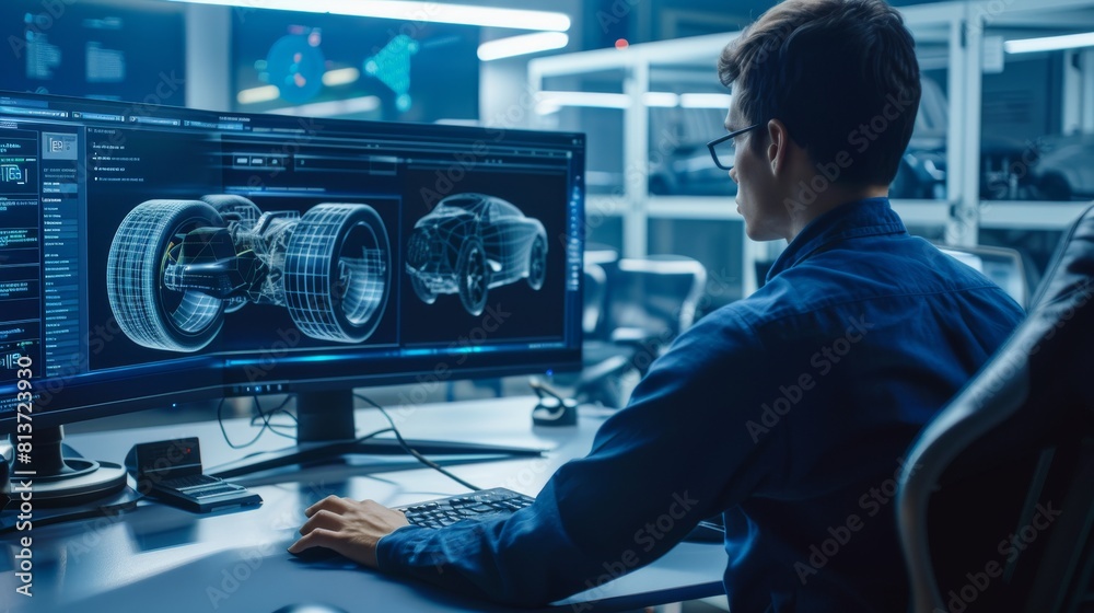 An industrial engineer solves problems on a personal computer, two ...