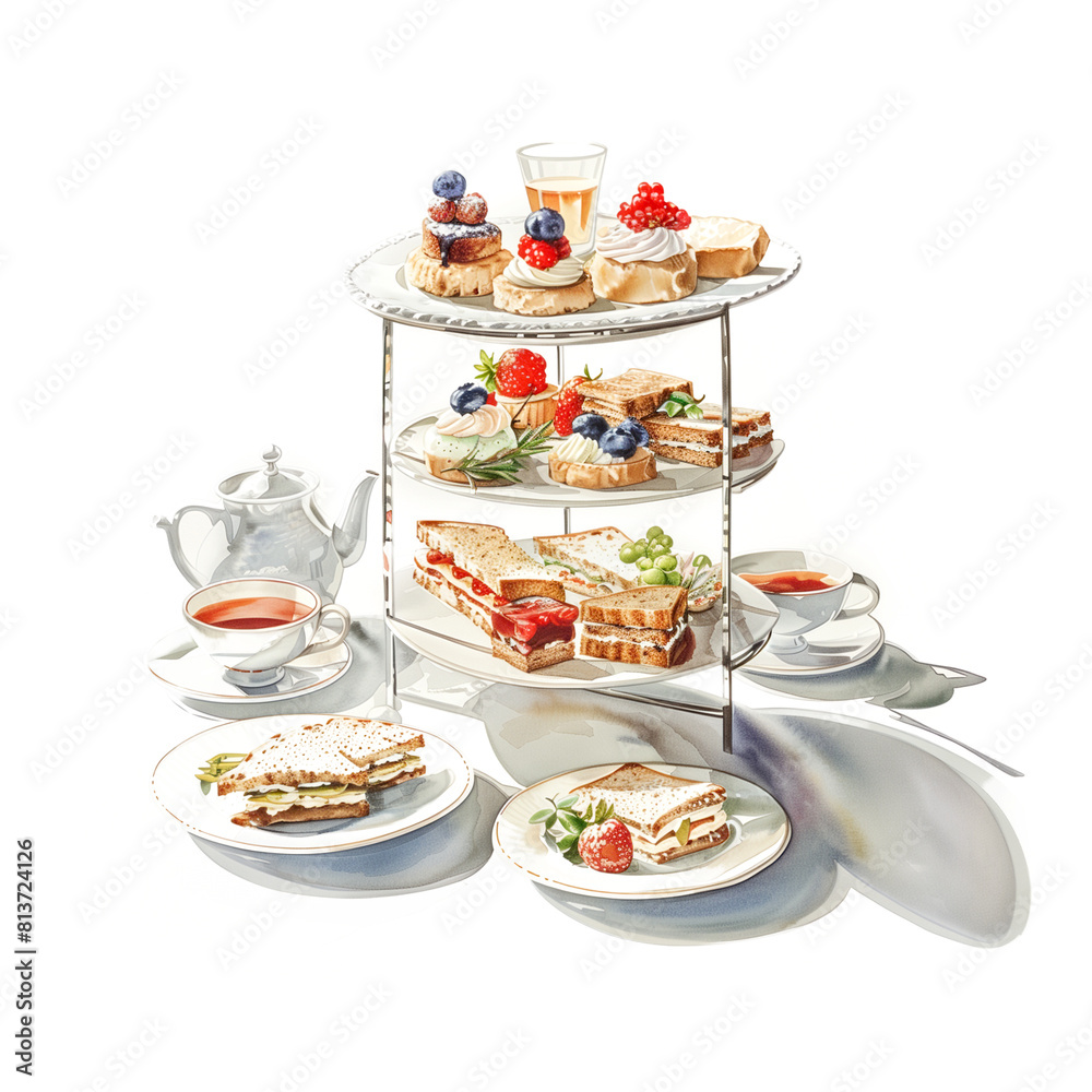 Watercolor illustration of luxury hotel afternoon tea set on white ...