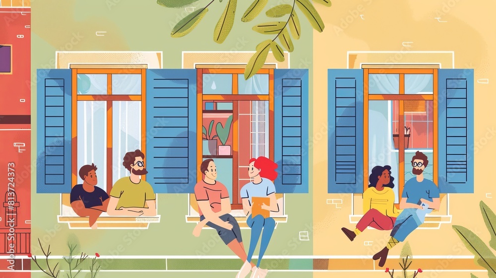 Friendship in neighborhood concept. Isolated in windows are neighbors ...