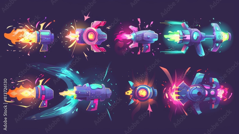 Modern set of space guns with vfx effects, explosions, laser blasters ...
