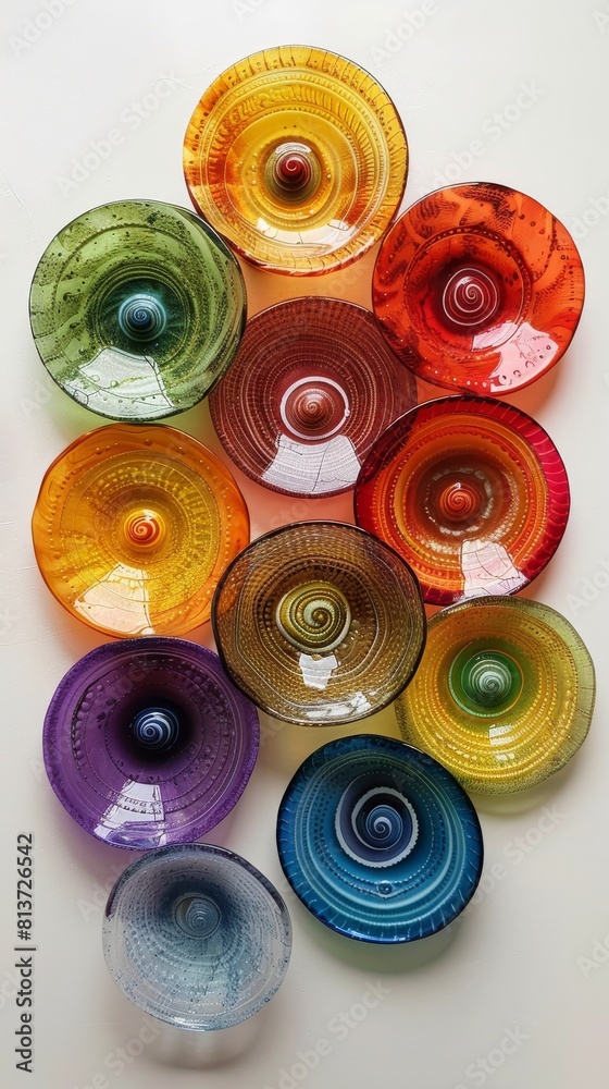 Multi-colored plates made of transparent glass with multi-colored ...