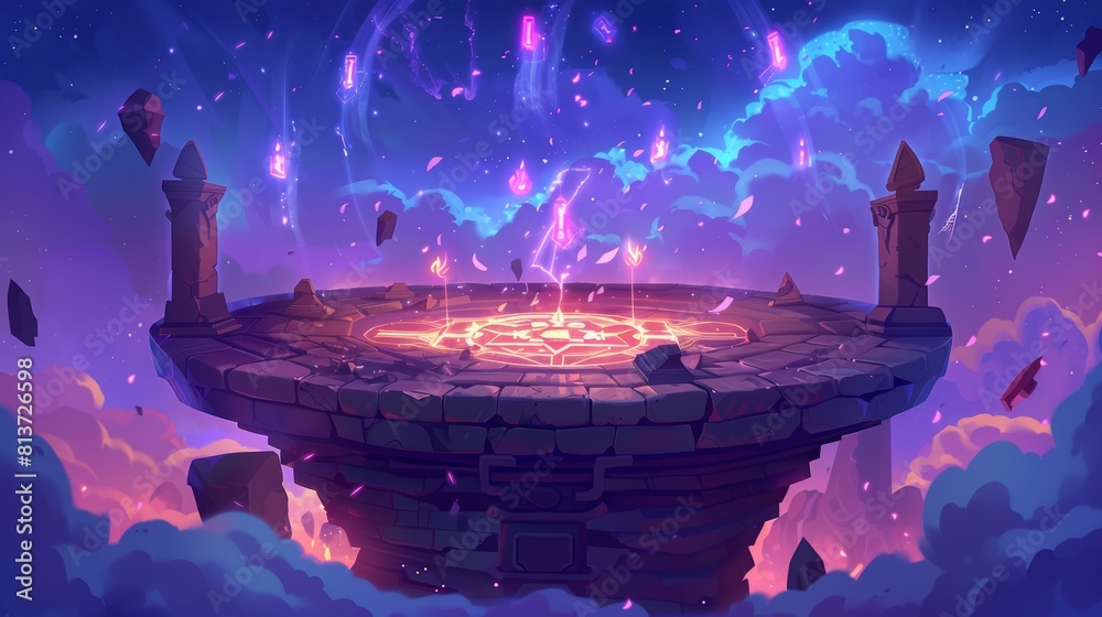 Modern illustration of a battle arena with a magic altar that has runes ...