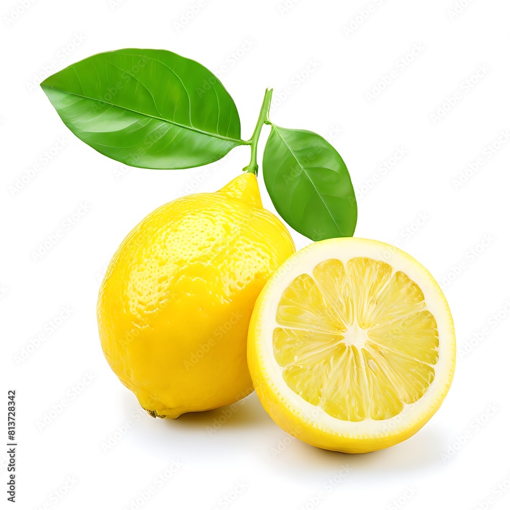 Lemon fruit with leaf isolate. Lemon whole, half, slice, leaves on ...