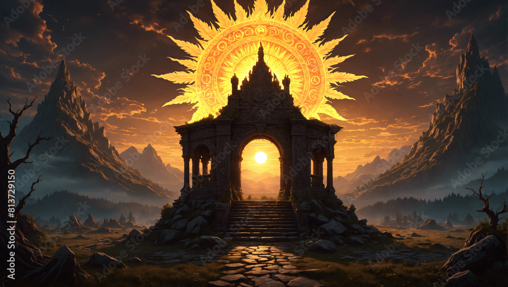 The temple of Sun, ancient sacrifial site in the mountain valley for ...