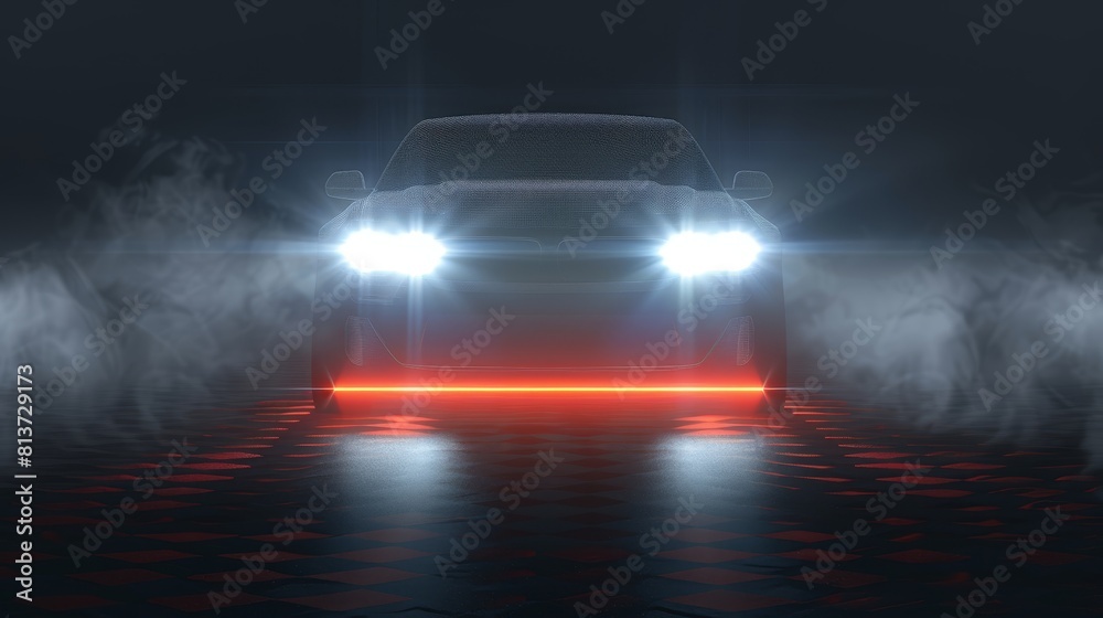Nighttime led headlights with red flare, rays, glow, and mist isolated ...