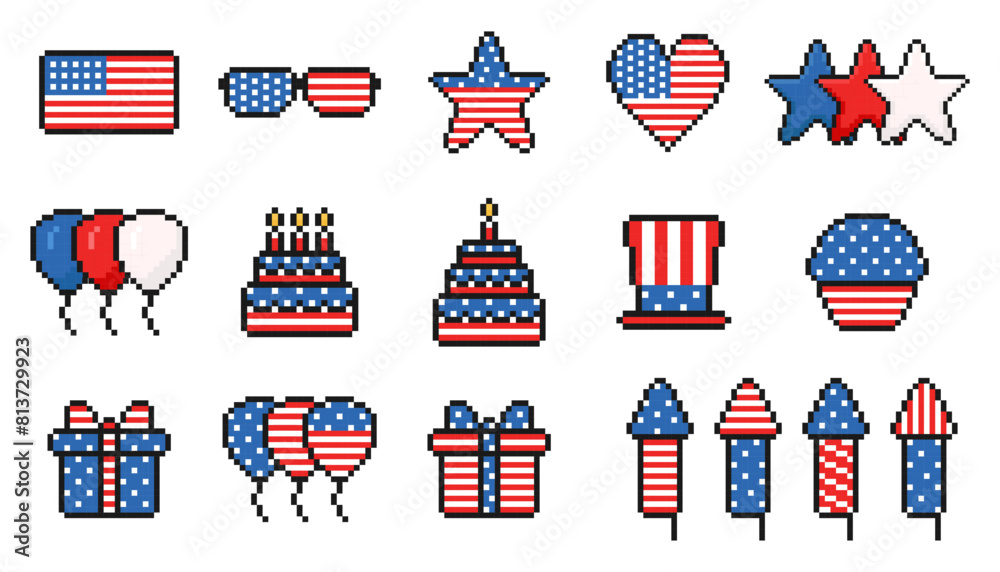 USA independence day pixel icon set, vintage, 8 bit, 80s, 90s games ...